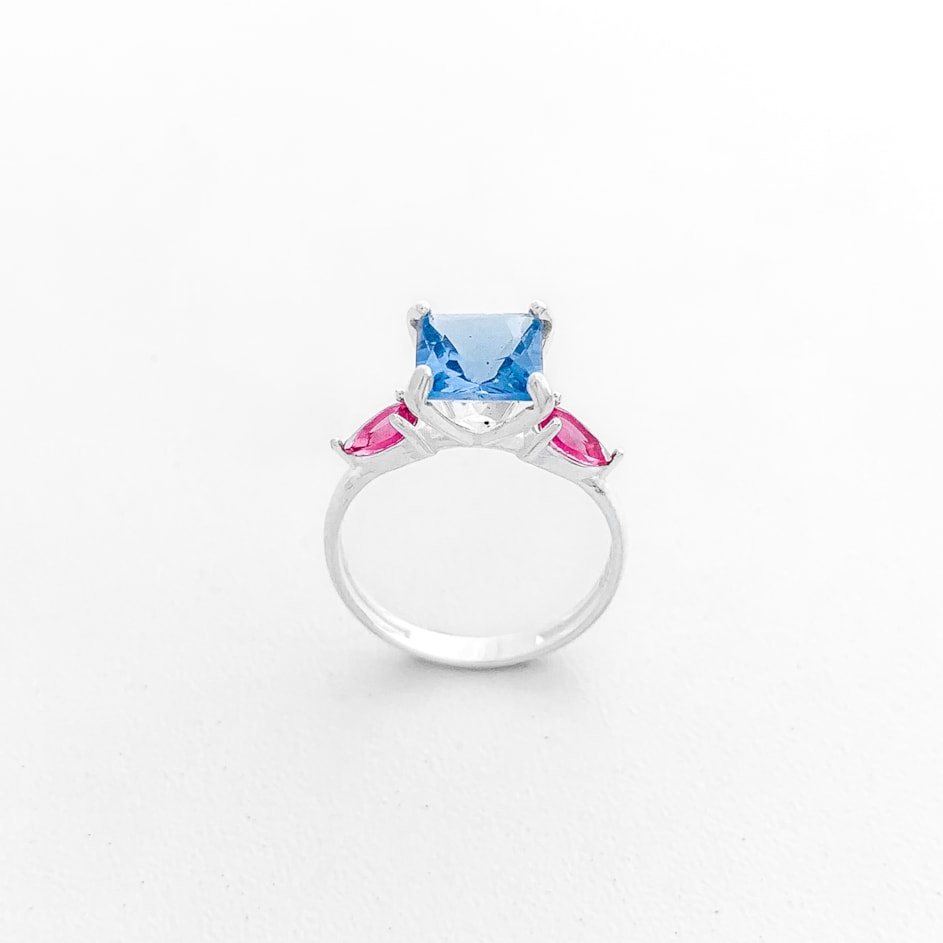 Anel com Zircônias Rubi Rose e Água Marinha Quadrada | La Plata Joias